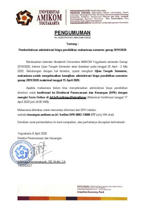 Pemberitahuan Administrasi Biaya Pendidikan Mahasiswa Genap 2019/2020 | Universitas Amikom ...