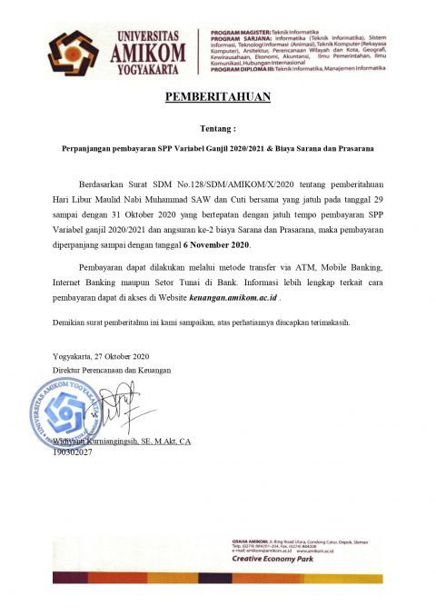 Pemberitahuan Perpanjangan Pembayaran SPP Variabel Ganjil 2020-2021 ...